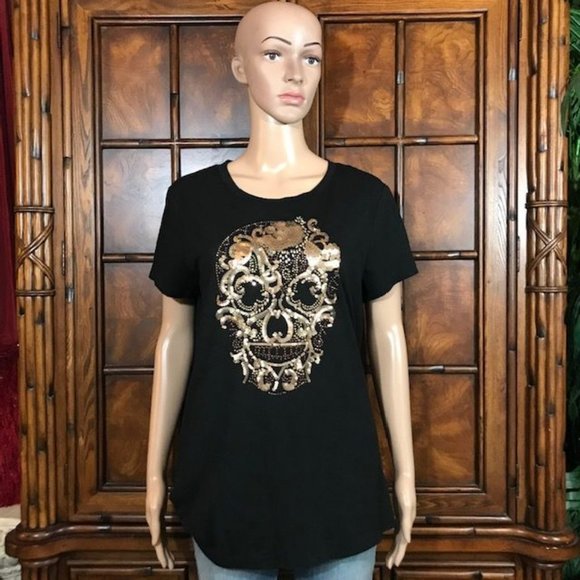 Sheryl Crow | Tops | Sheryl Crow Black Gold Sequin Stud Slub Knit Side ...